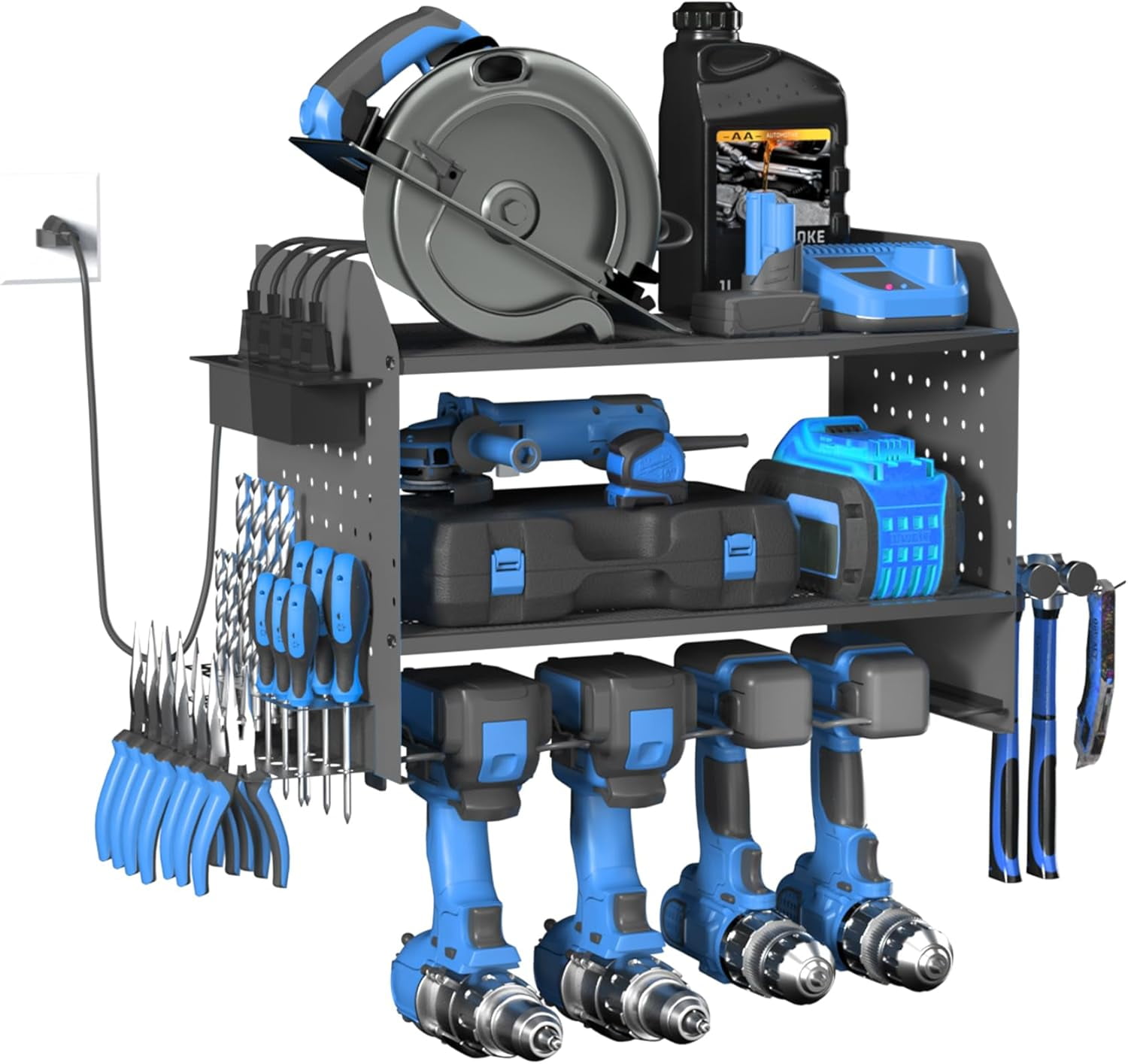 Tool Organizer Wall Mount with 4-Outlet Charging Station – Adjustable 3 ...