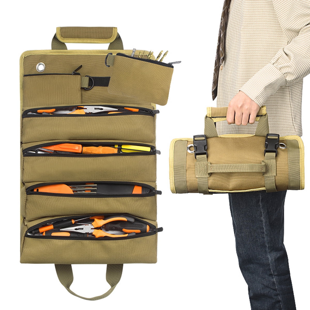 Tool Roll Bag Organizer W/Detachable Pouches, Heavy Duty Roll Up Tool ...