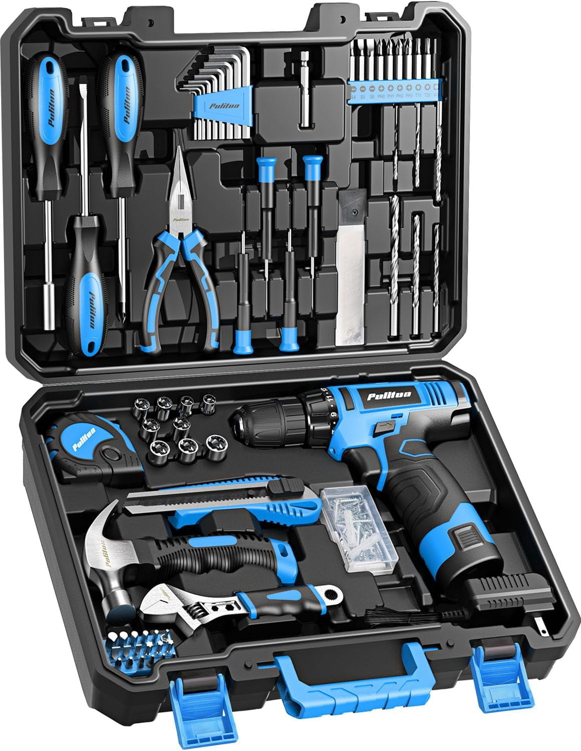 Tool Set, 149-Piece Home Drill Set with 12V Blue Cordless Drill ...
