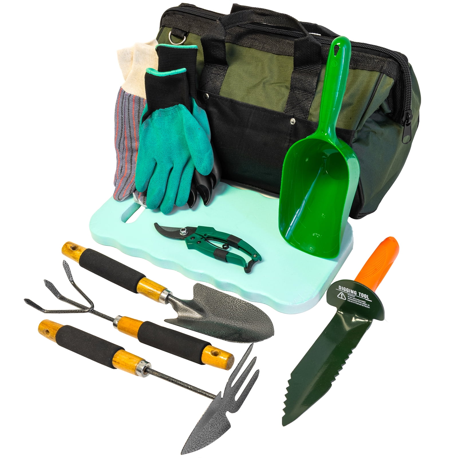 ToolTreaux 10pc Gardening Handheld Tools Set Gloves Carry Bag Kneeling ...