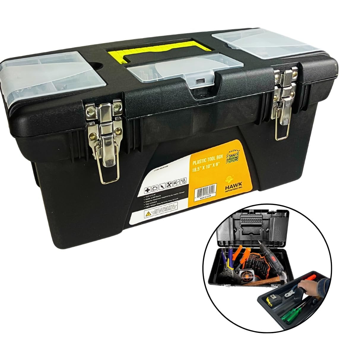 ToolUSA Robust Plastic Tool Box 18.5" x 10" x 9" Secure Metal Riveted ...