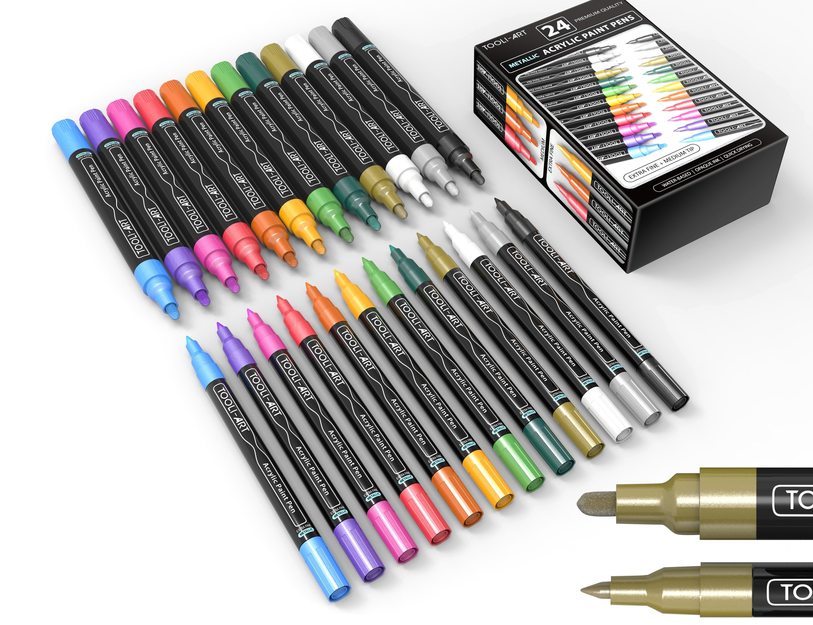 Tooli-Art 24 Set Metallic Acrylic Paint Pens, 0.7mm Extra Fine & 3.0mm ...