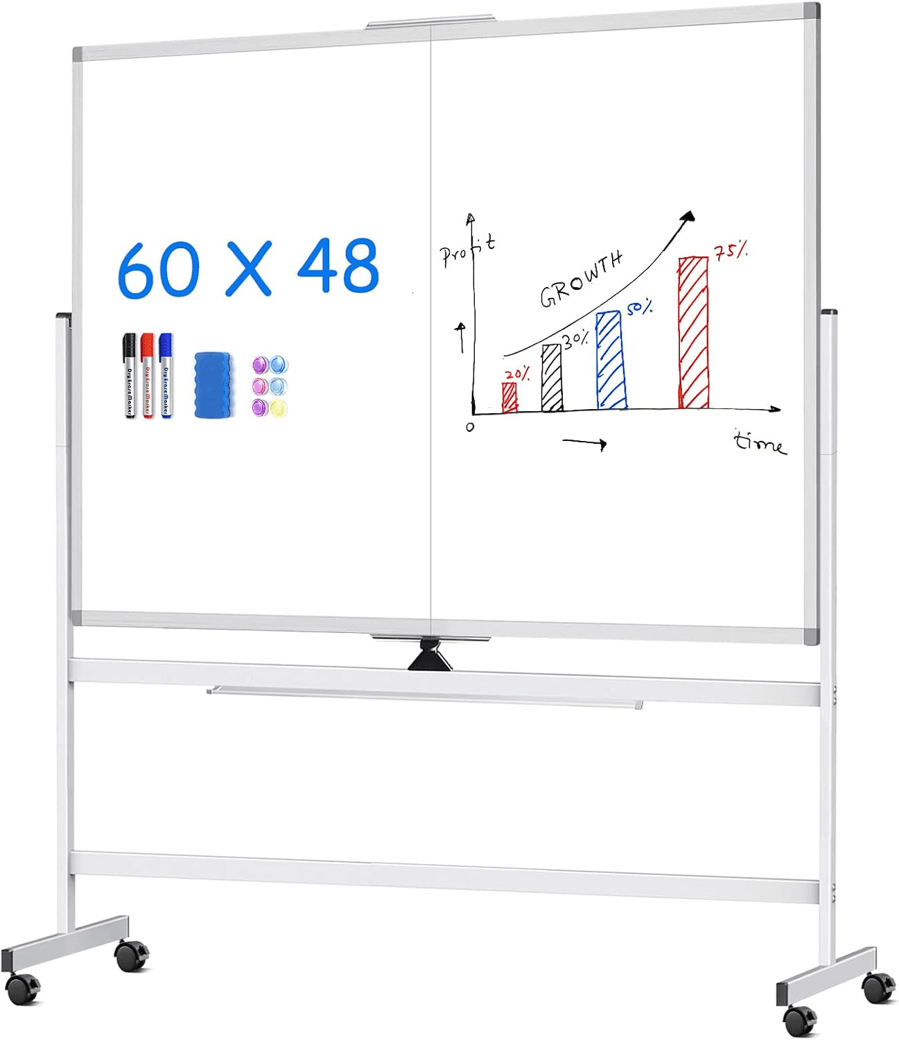 Tooloton 60 x 48 Double Sided Rolling Whiteboard, Mobile Whiteboard ...
