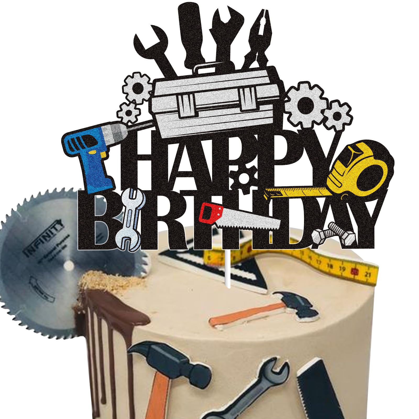 Tools Happy Birthday SCH4 Cake Topper Black Glitter Worker Themed Party ...