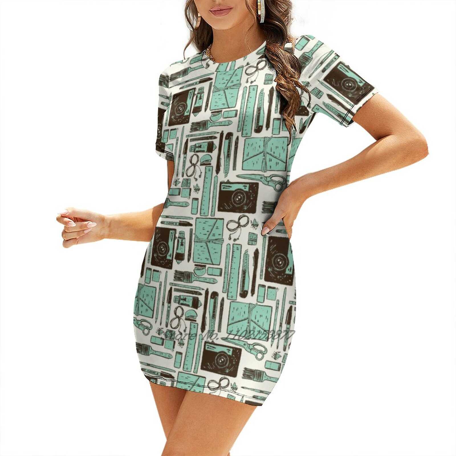 Tools Pattern Loose Pocket Dress Fashion Print Dress Short Sleeve V-Neck A-Line Dress Tools ...