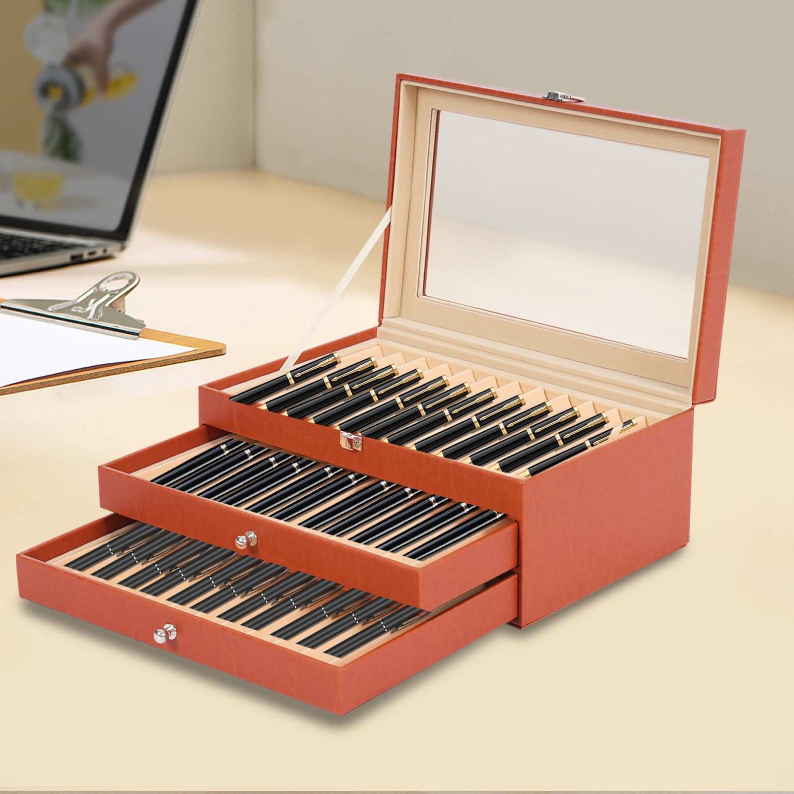 Toolven Elegant Pen Display Box with 36 Slots, PU, Velvet, and Glass ...