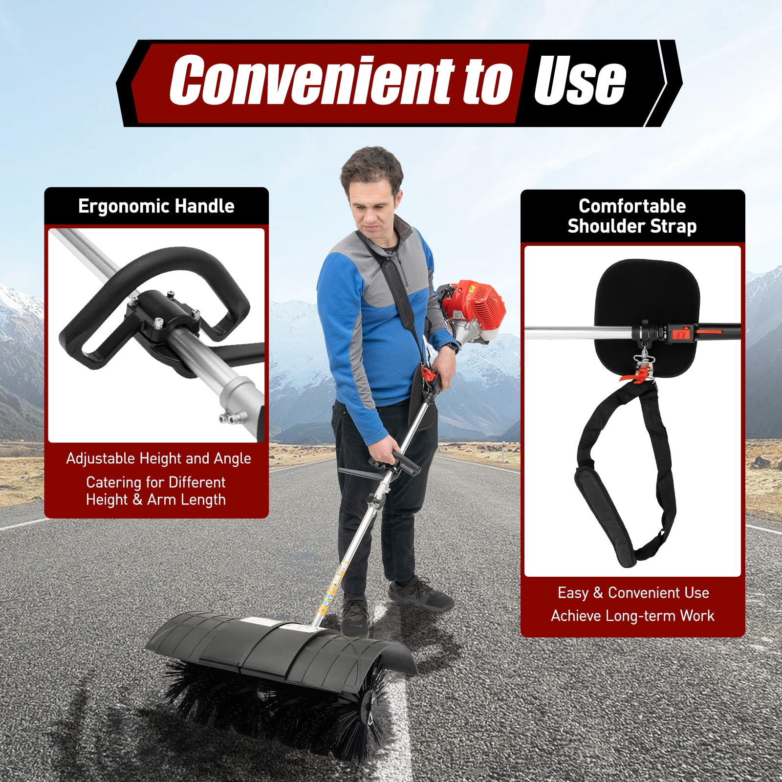 Toolven Portable Gas Power Sweeper – 1.7KW 2-Stroke Engine Broom with ...
