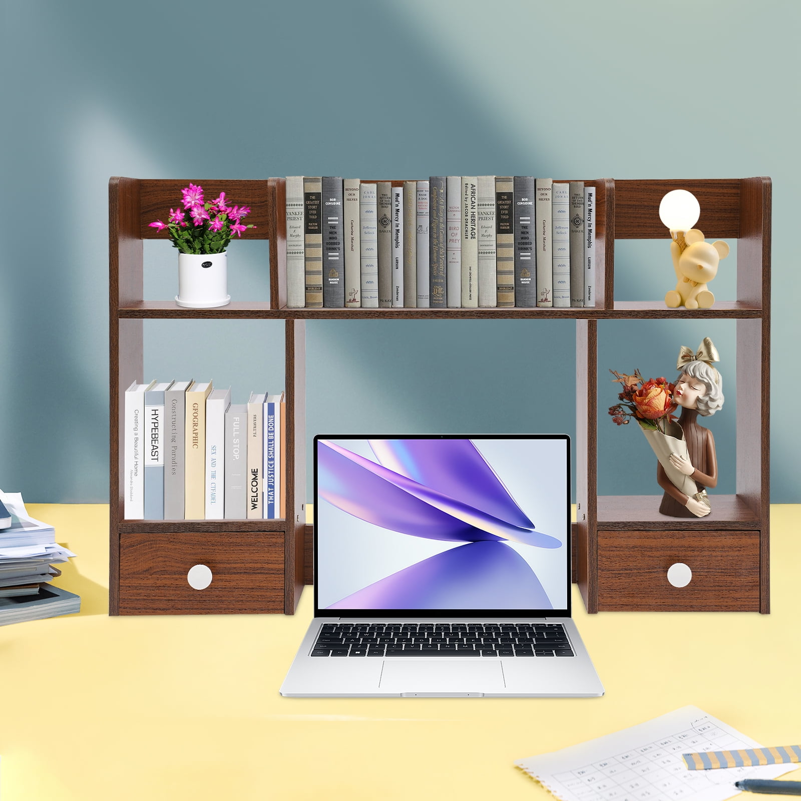 Toolven Sturdy Desktop Storage Shelves with Double-Tier, 3 Compartments ...