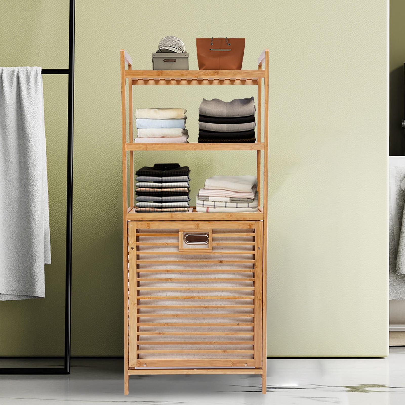 Toolven Sturdy bamboo and fabric laundry hamper with 3-tier open ...