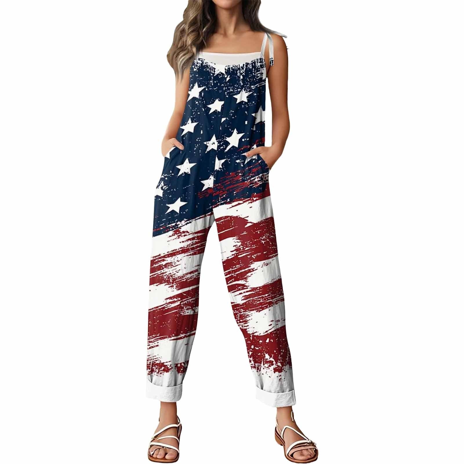 Toome Women's Patriotic Jumpsuit, 4th of July Print Spaghetti Strap ...