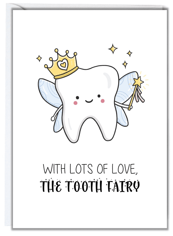 Tooth Fairy Card – Adorable Tooth Character with Crown and Wand – Cute ...