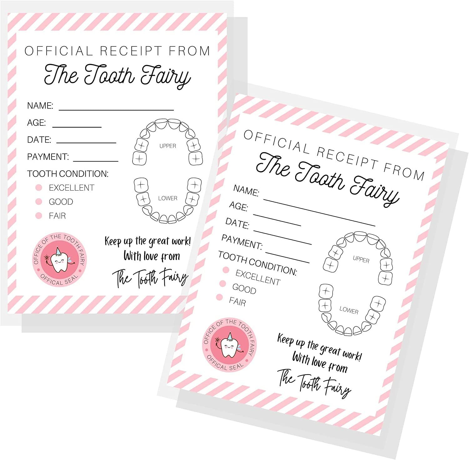 Tooth Fairy Receipt Cards with Pink Stripes 40 Pack 4.25x5.5" inch ...