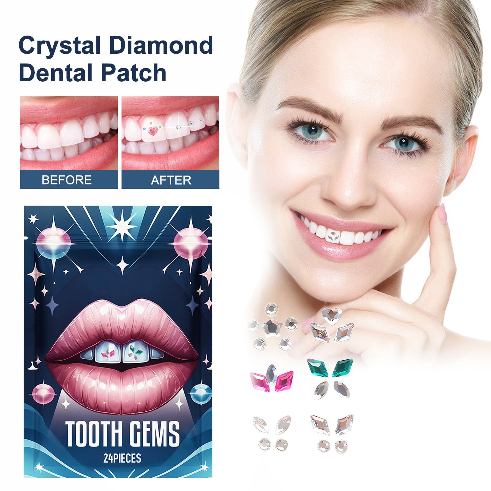 Tooth Gem Kit, 24 Pieces Tooth Gems DIY Teeth Crystal Flat Back Glass ...