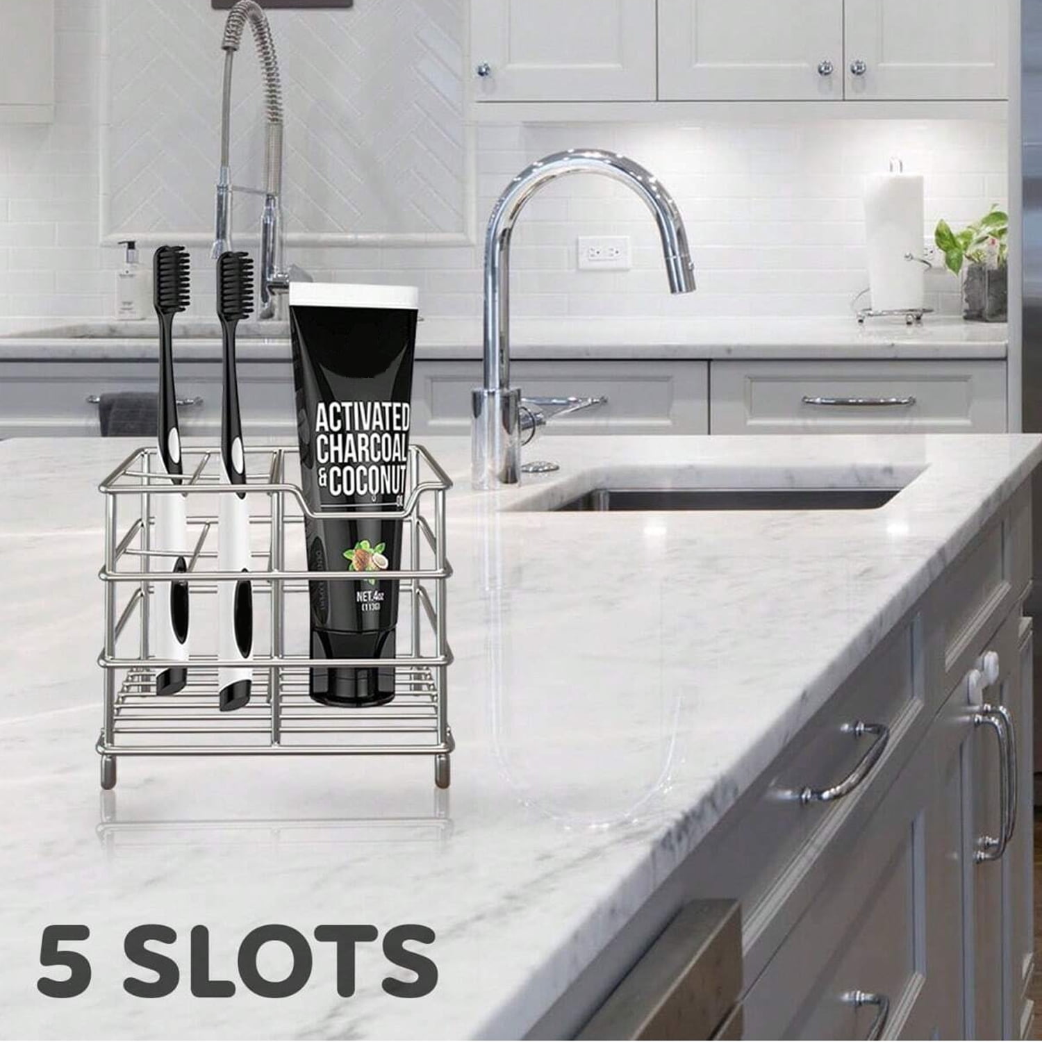 Toothbrush Holder 5 Slots, Stainless Steel Rustproof Toothpaste Holder ...