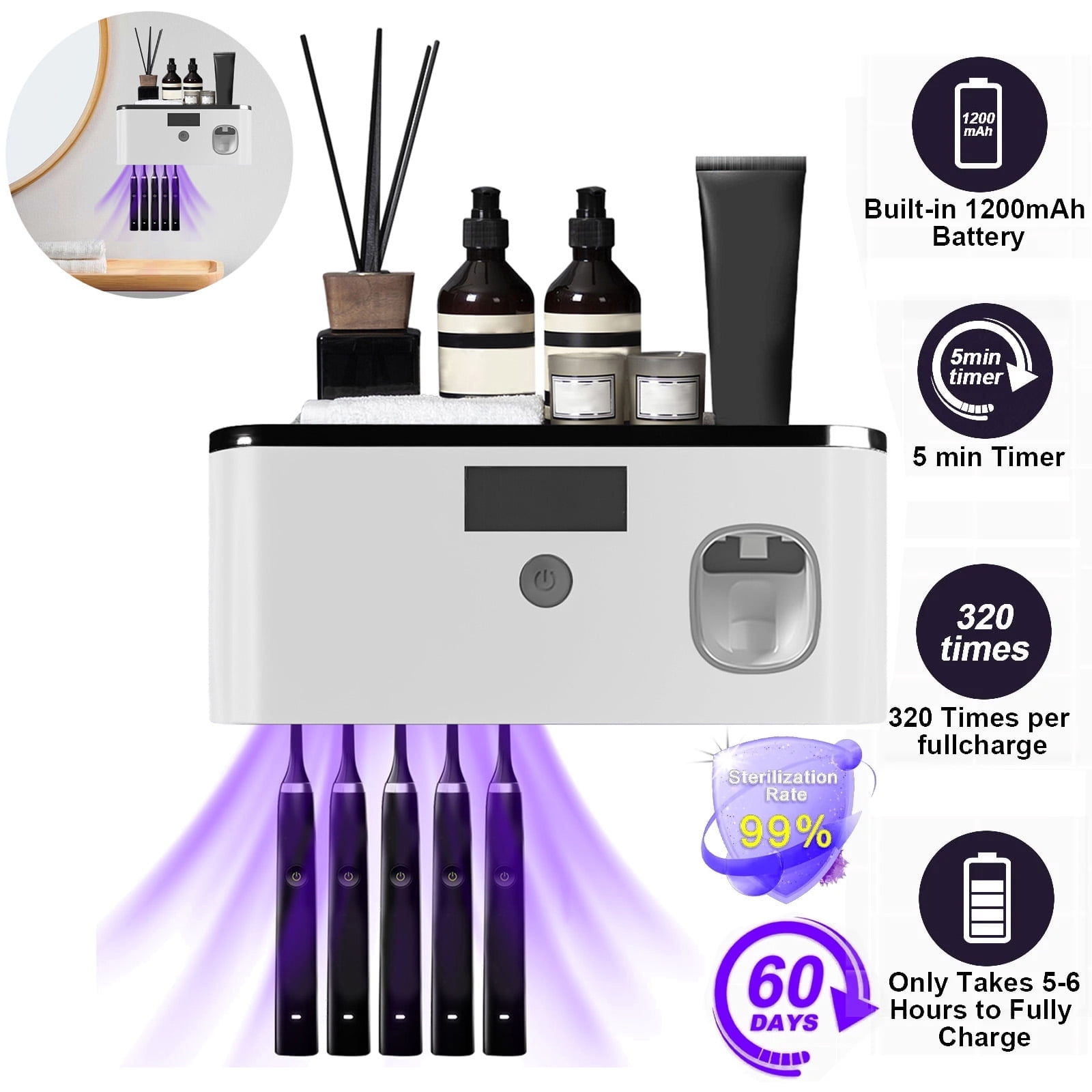 Toothbrush Holder for Bathroom, Automatic Toothpaste Dispenser with LED ...