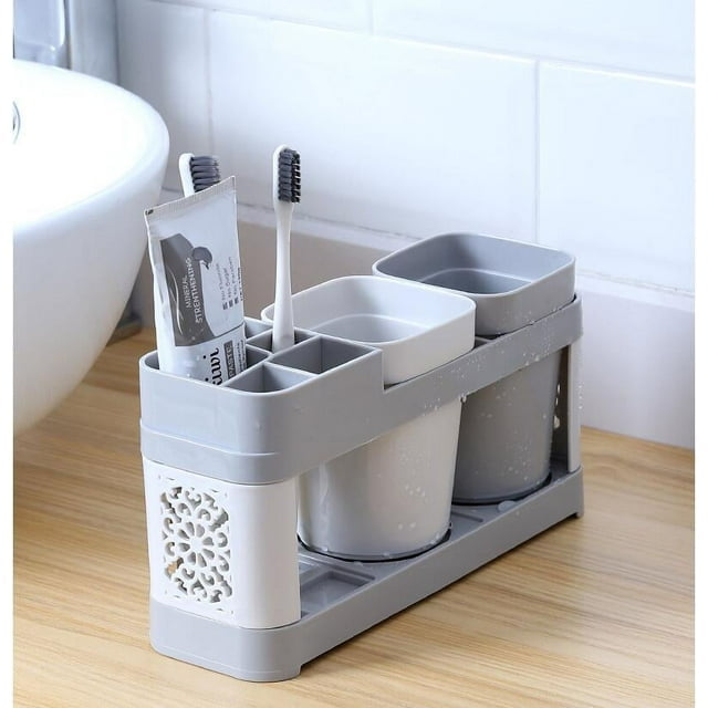 Toothbrush Toothpaste Stand Holder Bathroom Storage with 2 Cups White ...