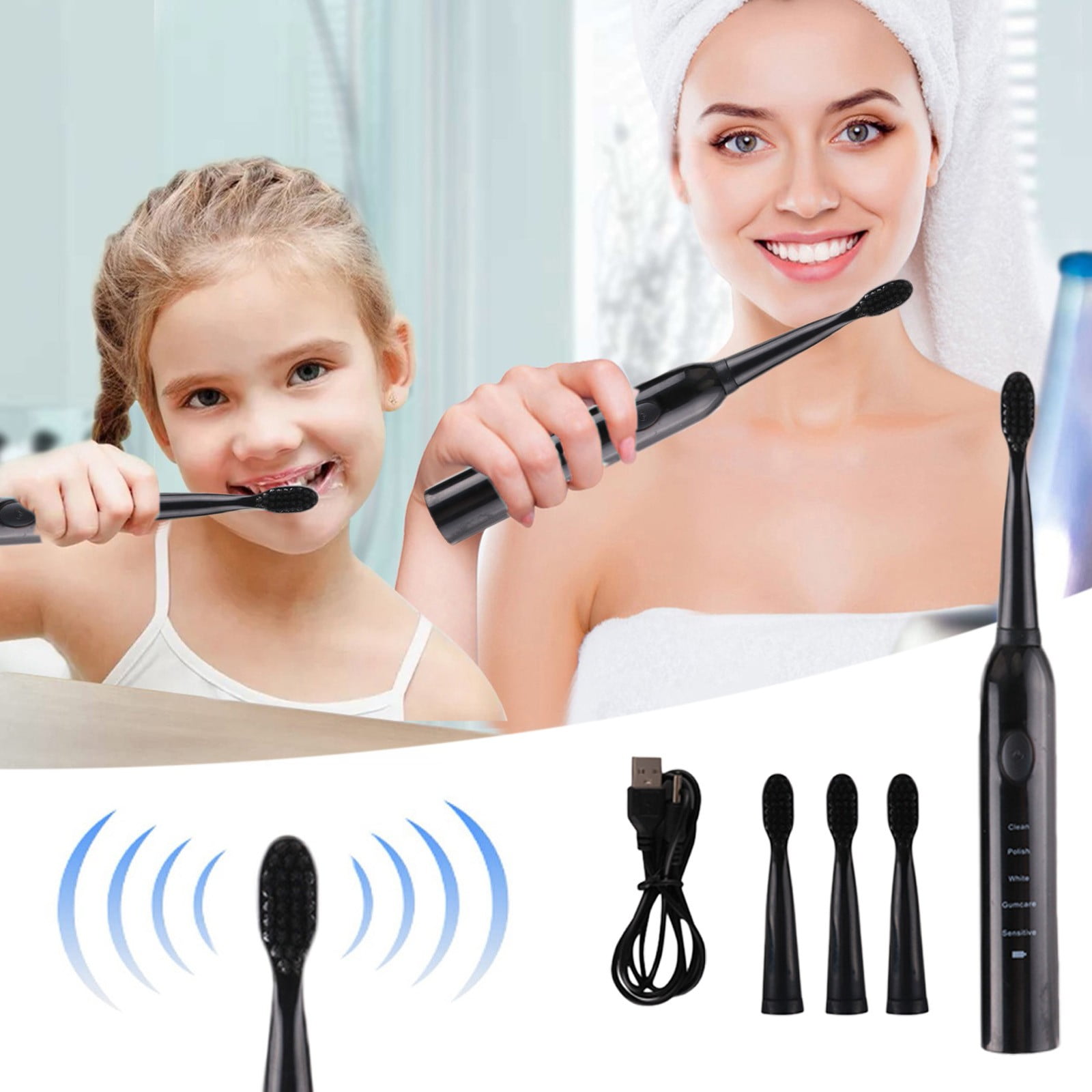 Toothbrush for Adults and Kids with 4 Replacement Brush Heads Powerful ...