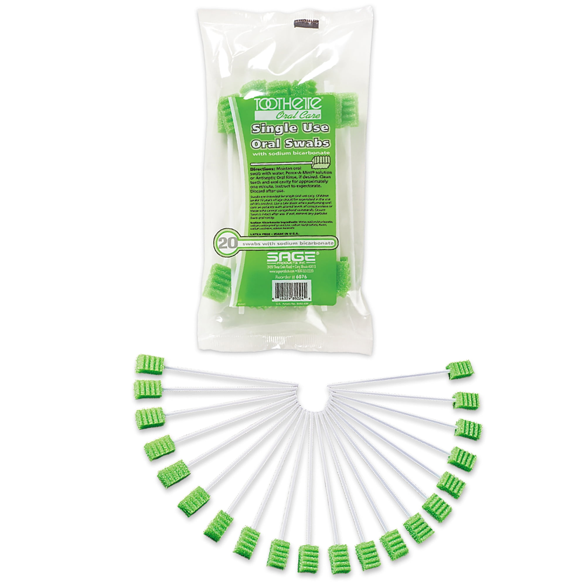 Toothette Plus 6 Inch Length Oral Swab with Green Foam Tip 6076, 20 Ct ...