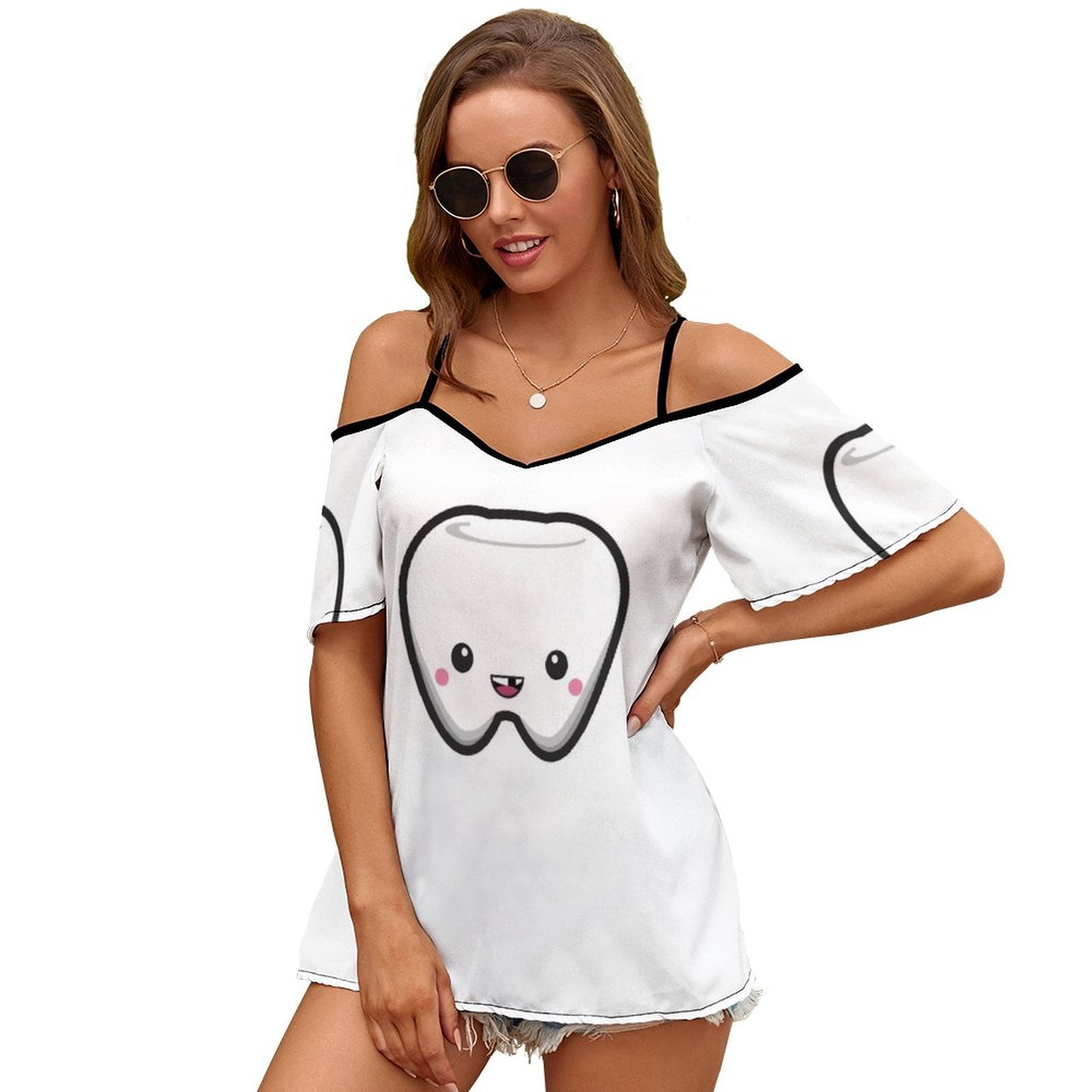 Toothless Tooth New Fashion Zip Off Shoulder Top Short-Sleeve Women Shirt Kawaii Tooth Irony ...