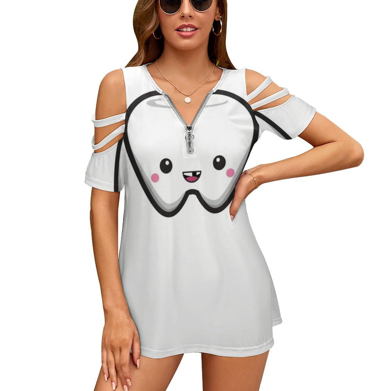 Toothless Tooth New Fashion Zip Off Shoulder Top Short-Sleeve Women Shirt Kawaii Tooth Irony ...