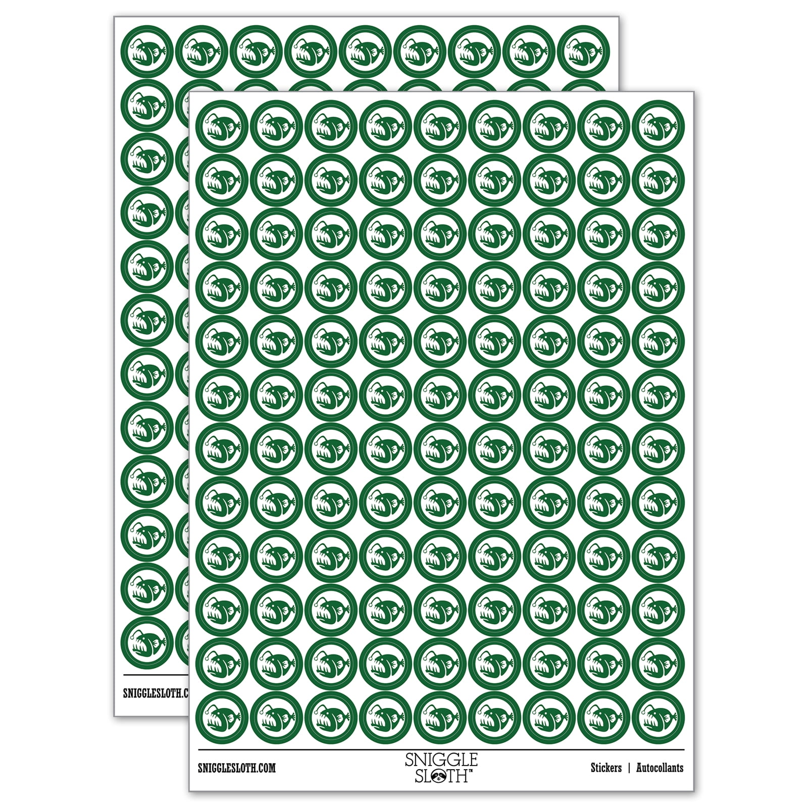 Toothy Angler Fish 200+ Round Stickers - Dark Green - Gloss Finish - 0. ...