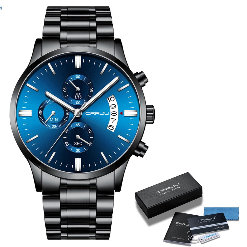 Top Brand CRRJU Men Watches Fashion Blue Stainless Steel Waterproof ...
