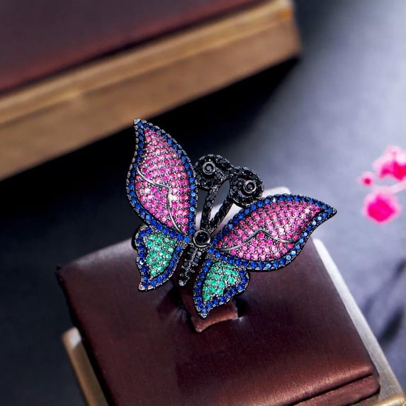 Top CZ Adjustable Big Butterfly Finger Ring Black Gold Plated Banquet ...