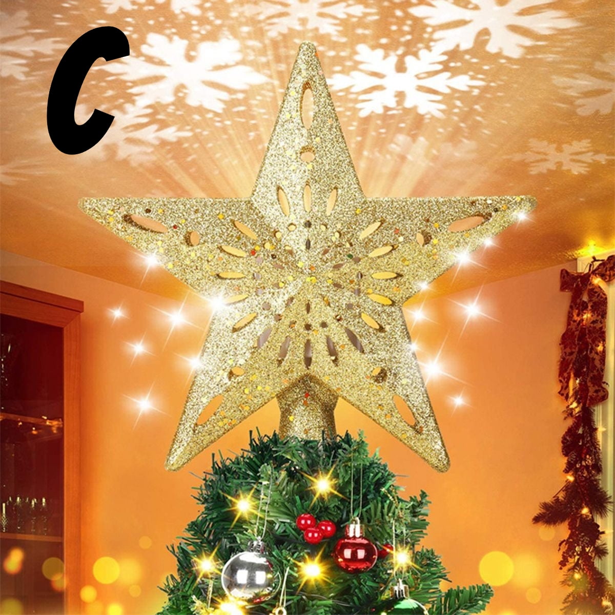 The Top of The Christmas Tree Is Illuminated By A Snowflake Lamp ...