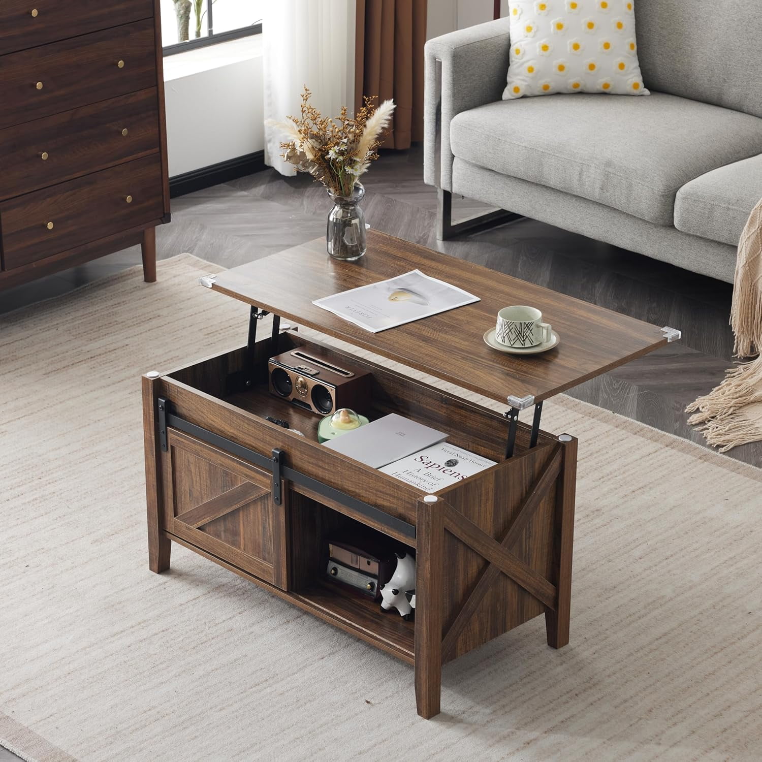Lift Top Coffee Table, White, with Storage Shelf/Hidden Compartment ...