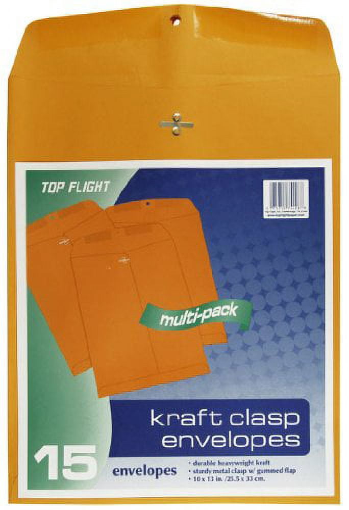 Top Flight Clasp Envelopes, Gummed and Clasp, 10 x 13, 15 Envelopes ...
