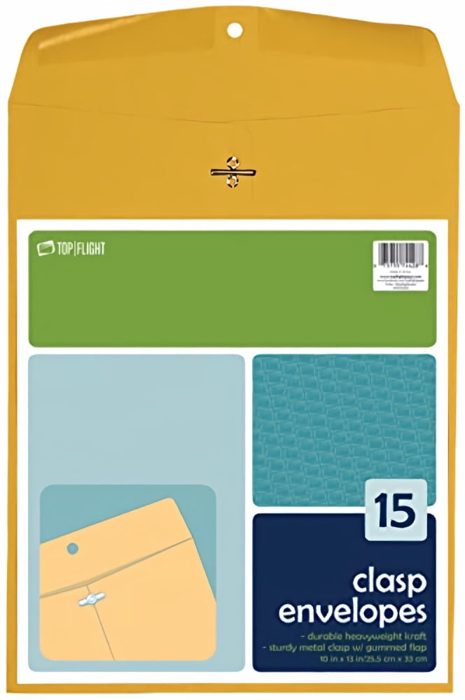 Top Flight Clasp Envelopes, Gummed and Clasp, 10 x 13, 15 Envelopes ...