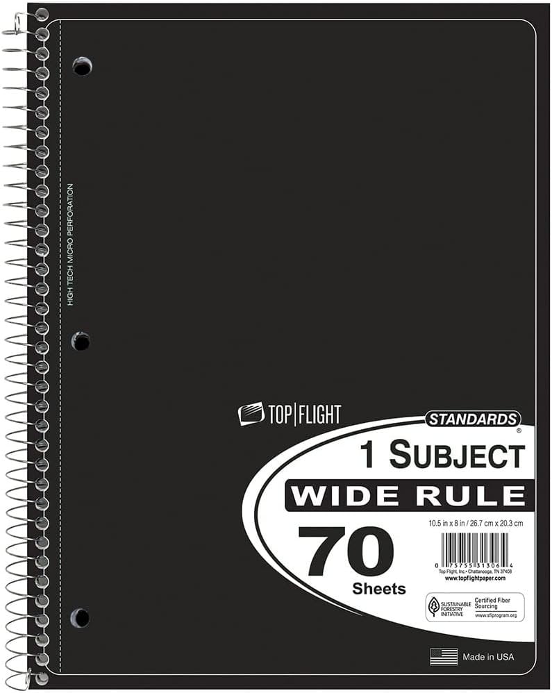 Top Flight Single Bound Lined 1-Subject Notebook, 70 Perforated Wide ...