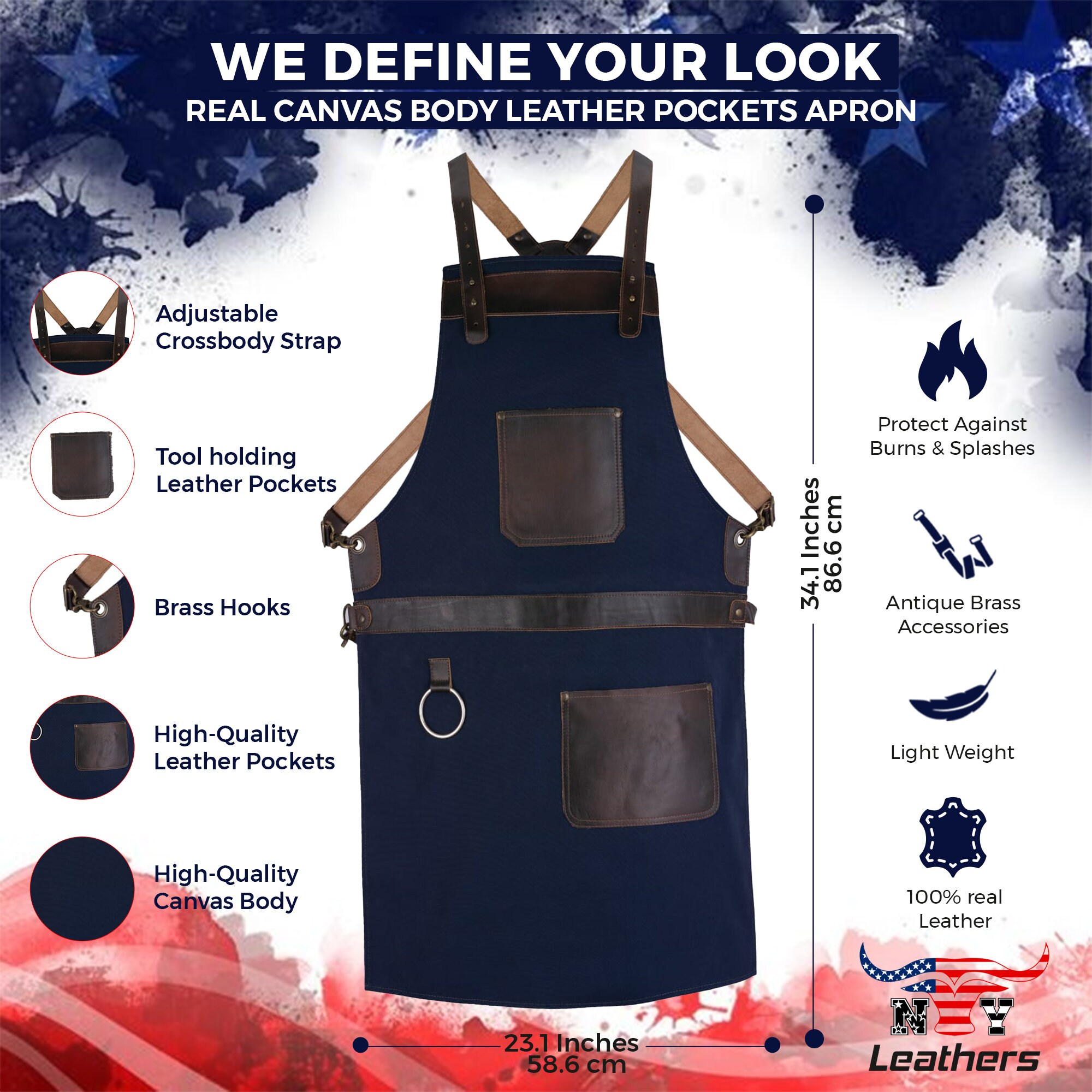 Top Grain Leather Blue Canvas Crossbody Apron Butcher Apron - BBQ Apron ...