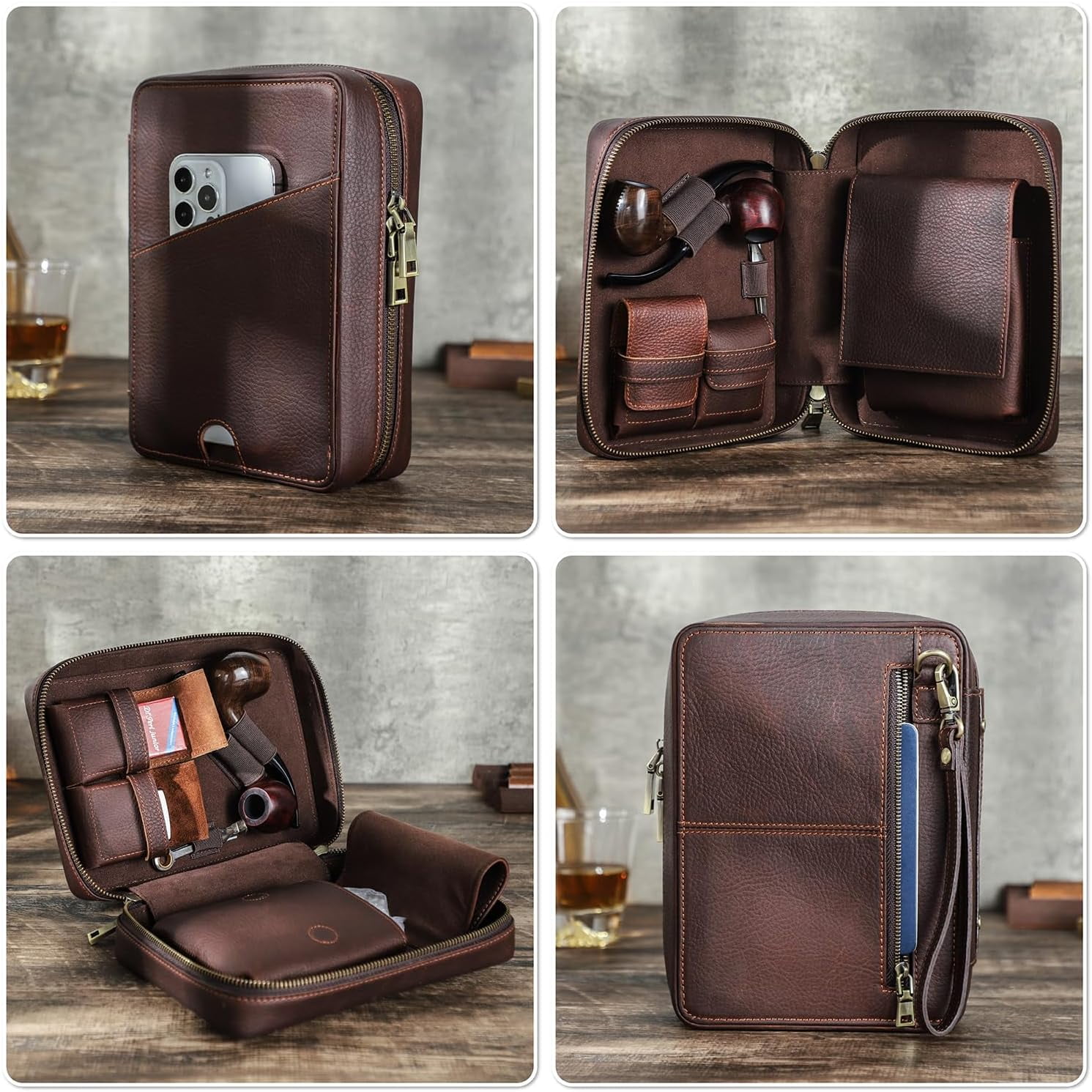 Top Grain Leather Travel Pipe Box Case Vintage Design Handmade Portable ...