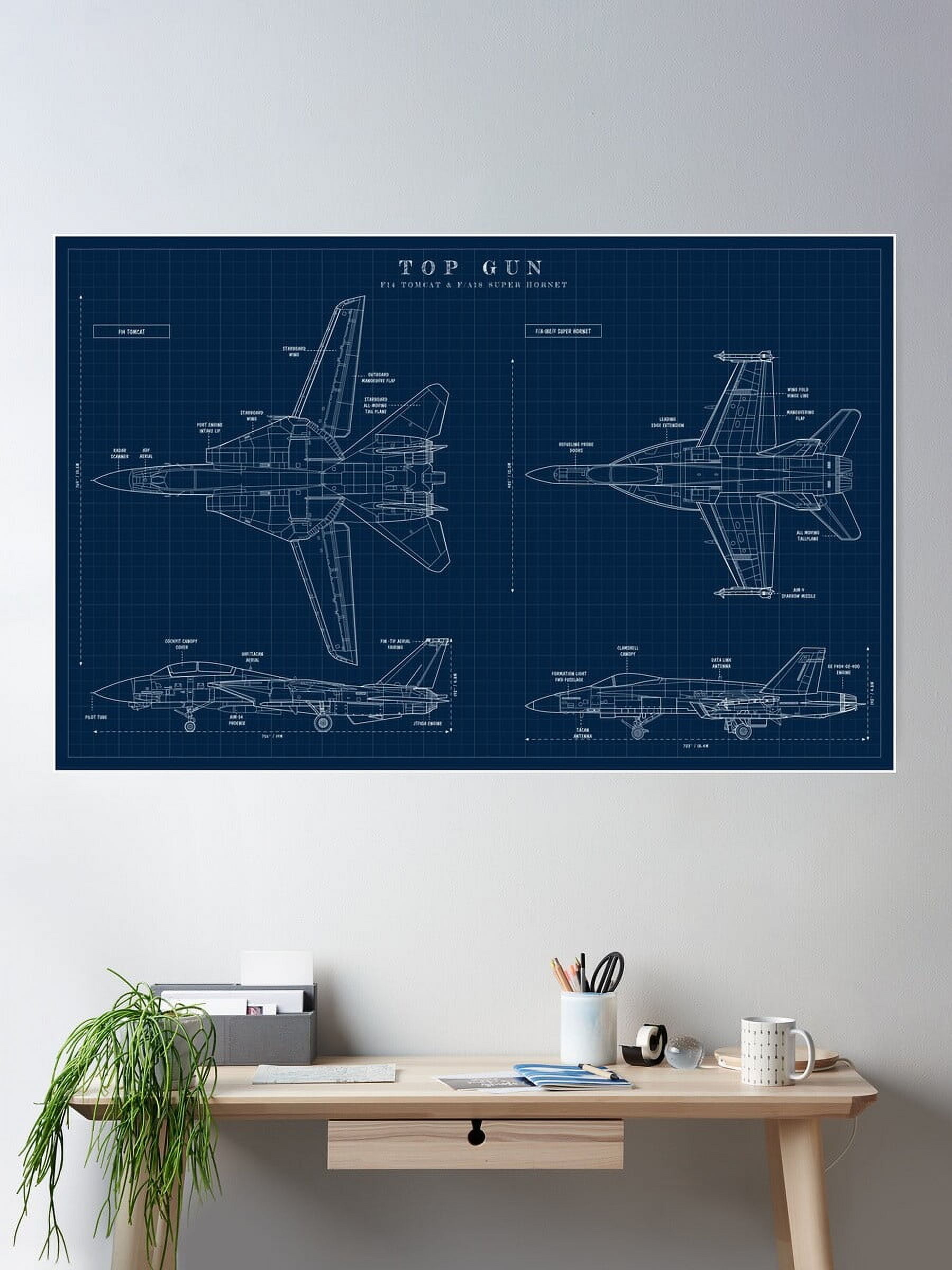 Top Gun: F14 Tomcat Vs Fa18 Super Hornet (Navy Blueprint) Poster Wall ...