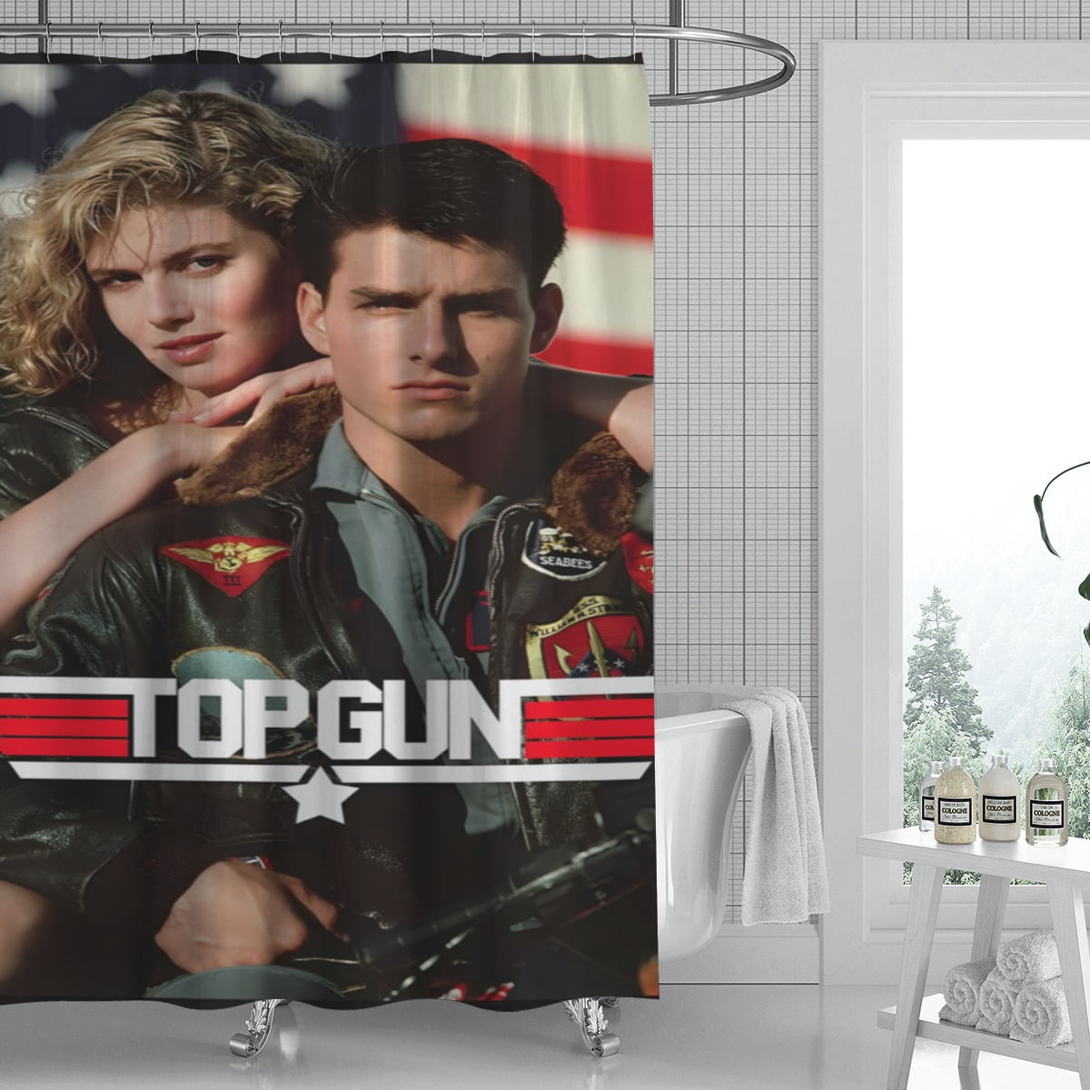 Top Gun shower curtain showcases a vibrant artistic print, is ...