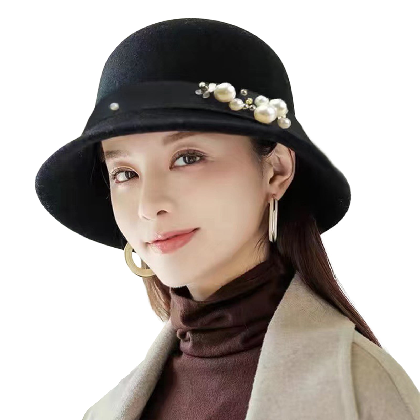 Top Hat British Style Faux Pearl Decor Down Brim Sunshading Round Top ...