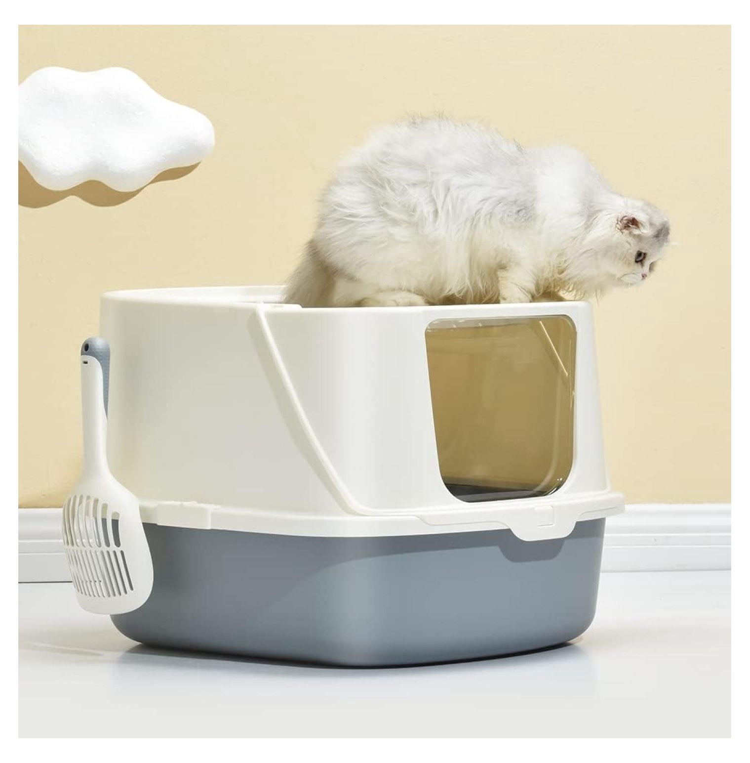 -Top Jumbo Cat Litter Box with , Front Entry and Top Exit, White&Gray ...
