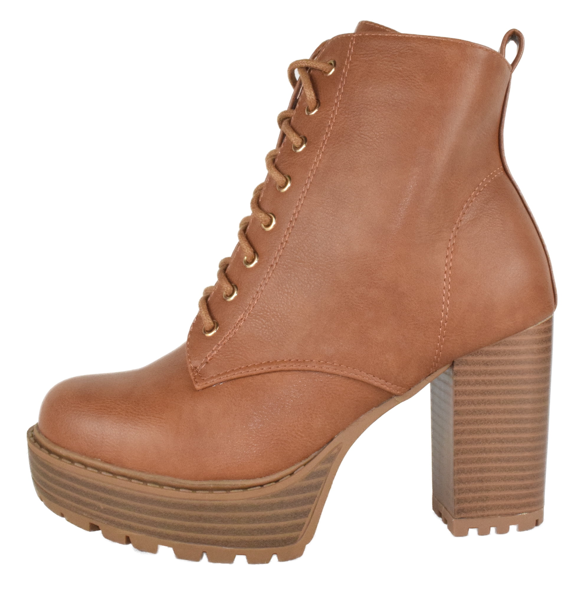 Top Moda Women High Heel Combat Army Style Boots Lace Up Side Zipper ...