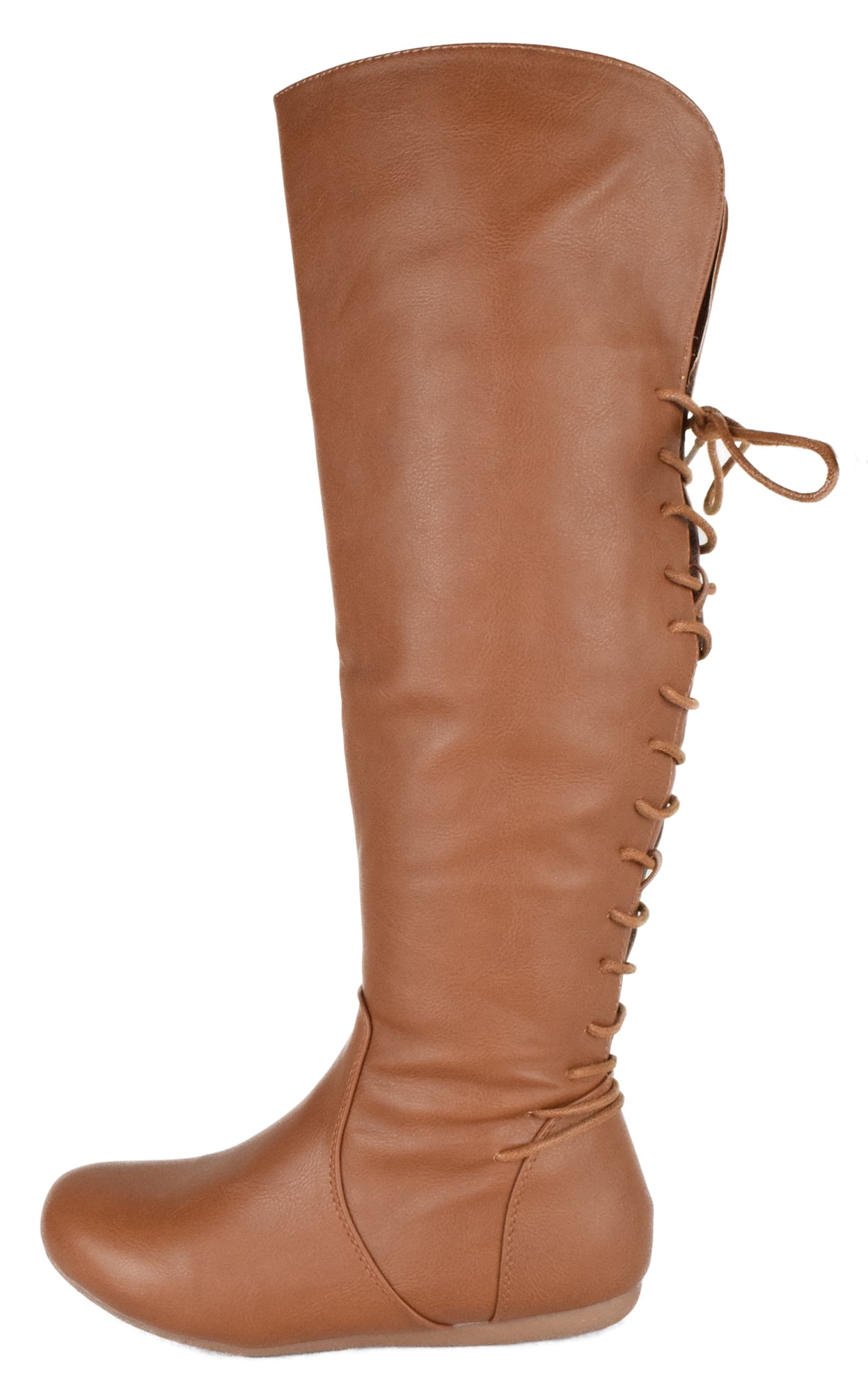 Top Moda Women Knee High Boots Back Lace Flat Heel Side Zipper Round ...