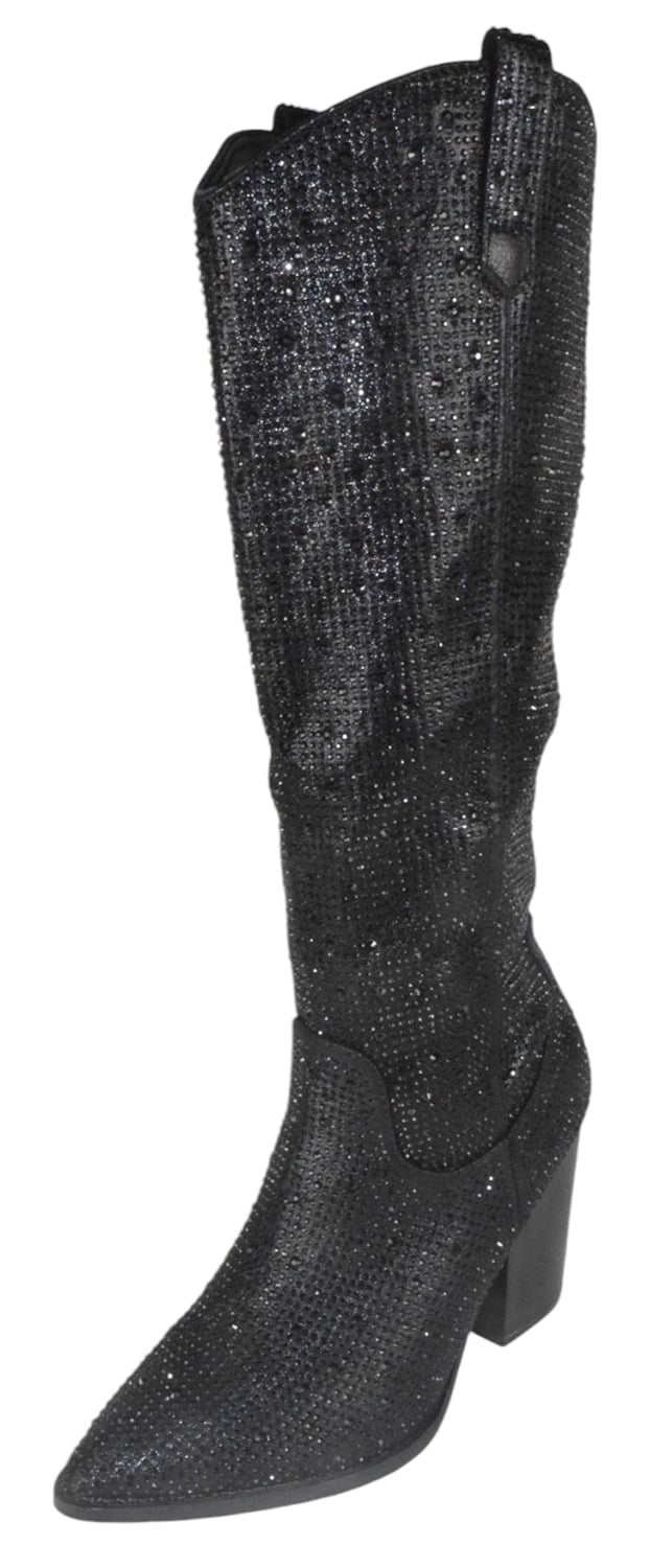 Top Moda Women Knee High Boots Block High Heels Rhinestone Bling ...