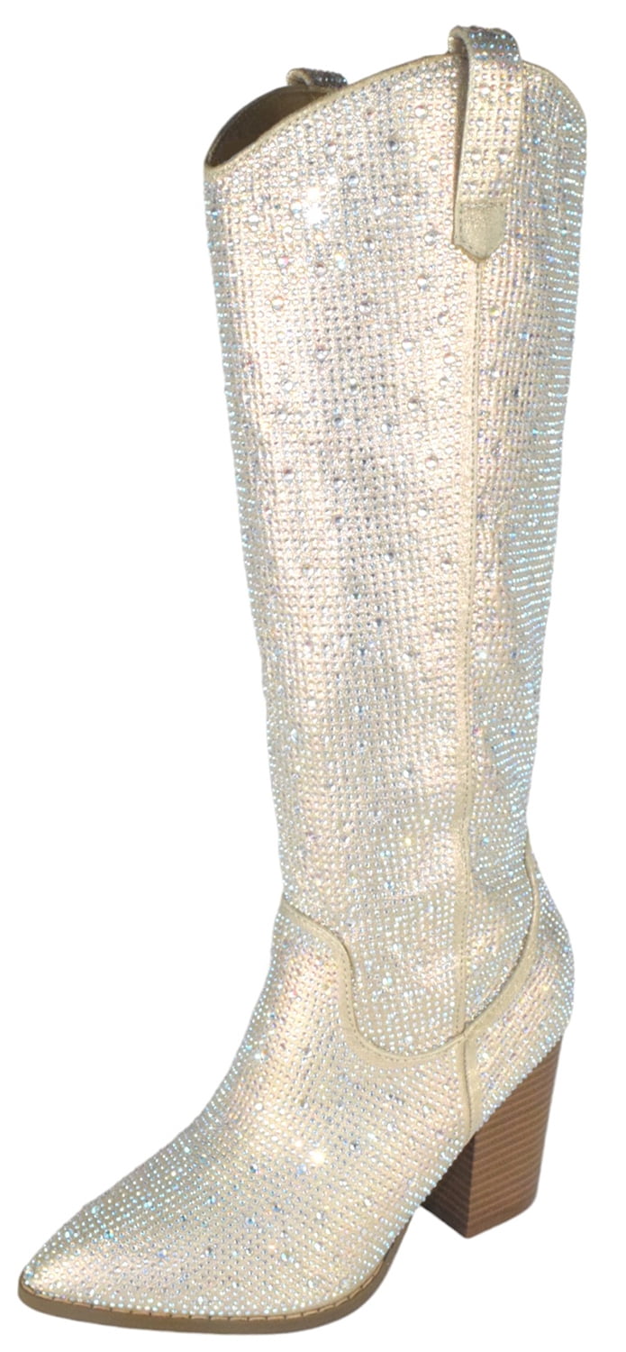 Top Moda Women Knee High Boots Block High Heels Rhinestone Bling ...