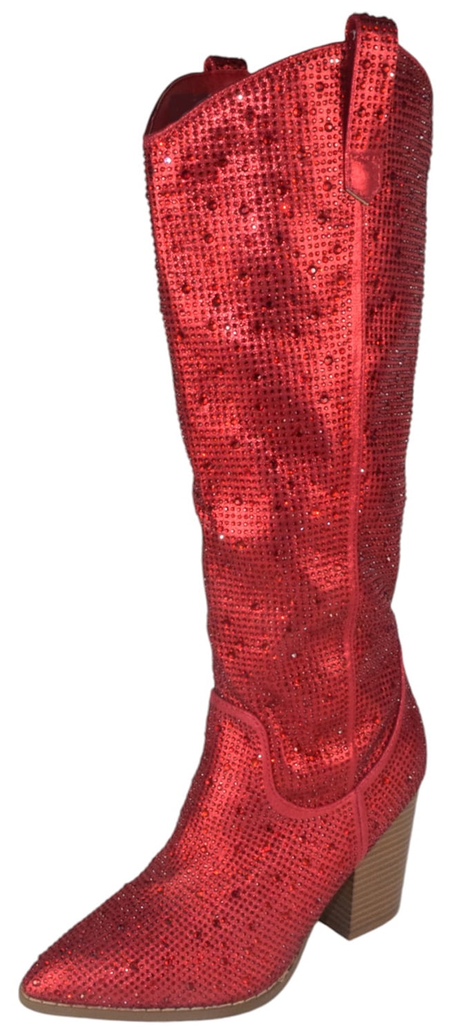 Top Moda Women Knee High Boots Block High Heels Rhinestone Bling ...