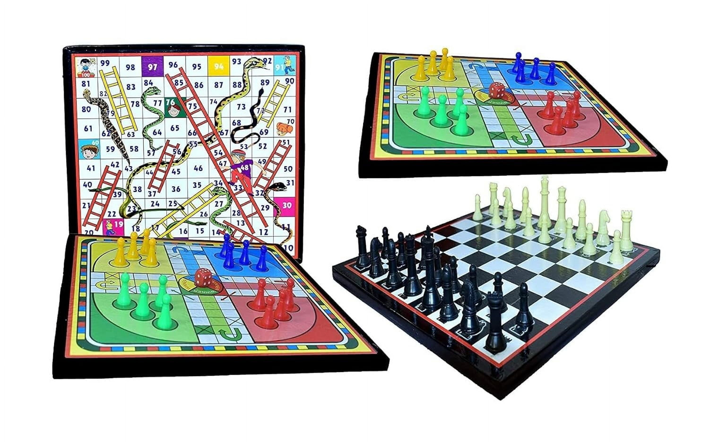 Top Team Wooden Ludo Game Snakes Ladders & Chess Board Combo With 2 Set Of Ludo With Dice Coins ...