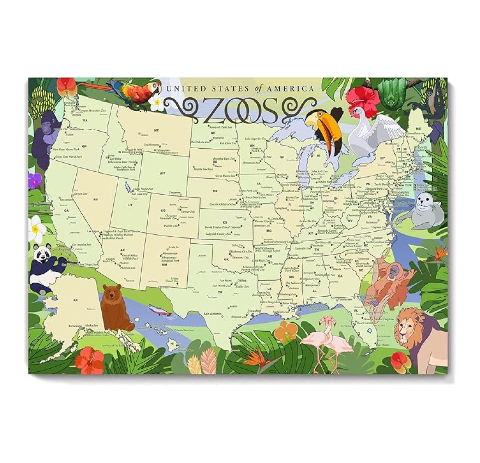 Top Zoos in the USA Travel Map Art - Animal and Wildlife Print - Modern ...