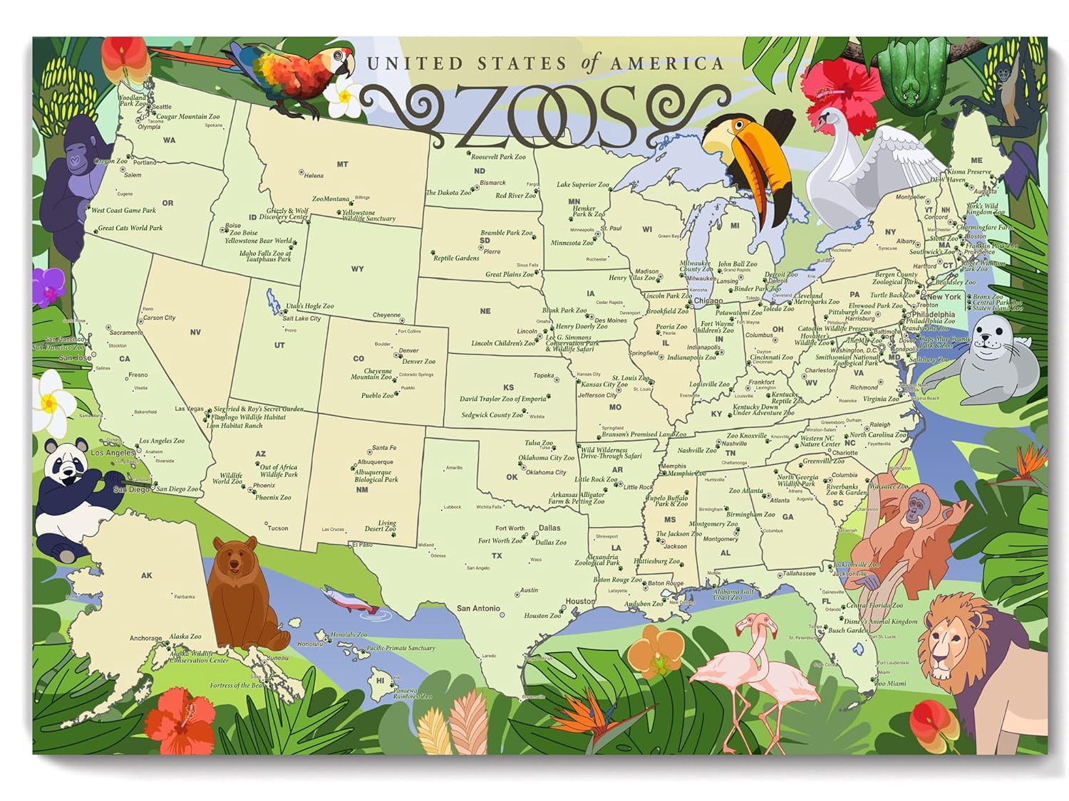 Top Zoos in the USA Travel Map Art - Animal and Wildlife Print - Modern ...