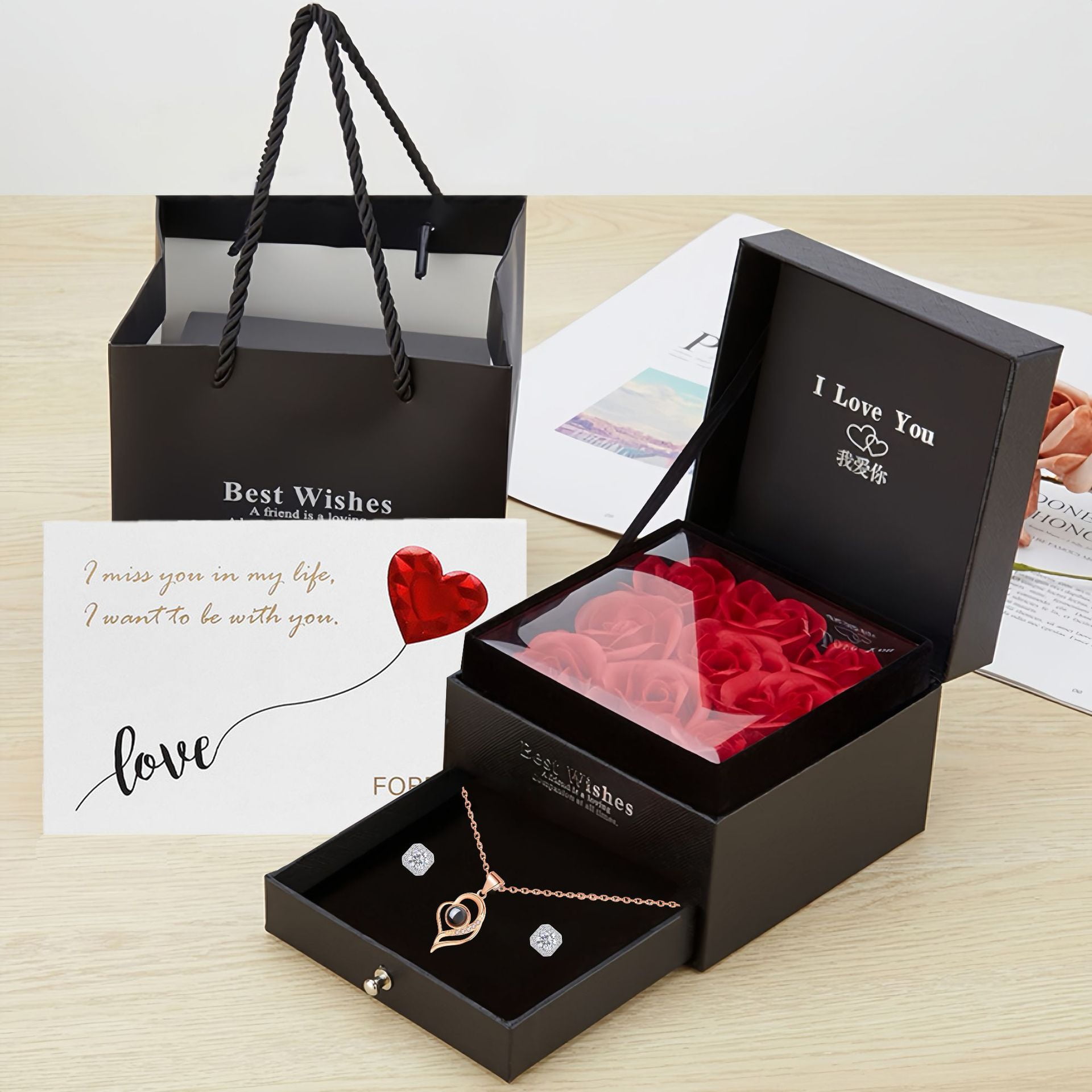 Top-keivon Preserved Red Real Rose with I Love You Necklace, Birthday ...