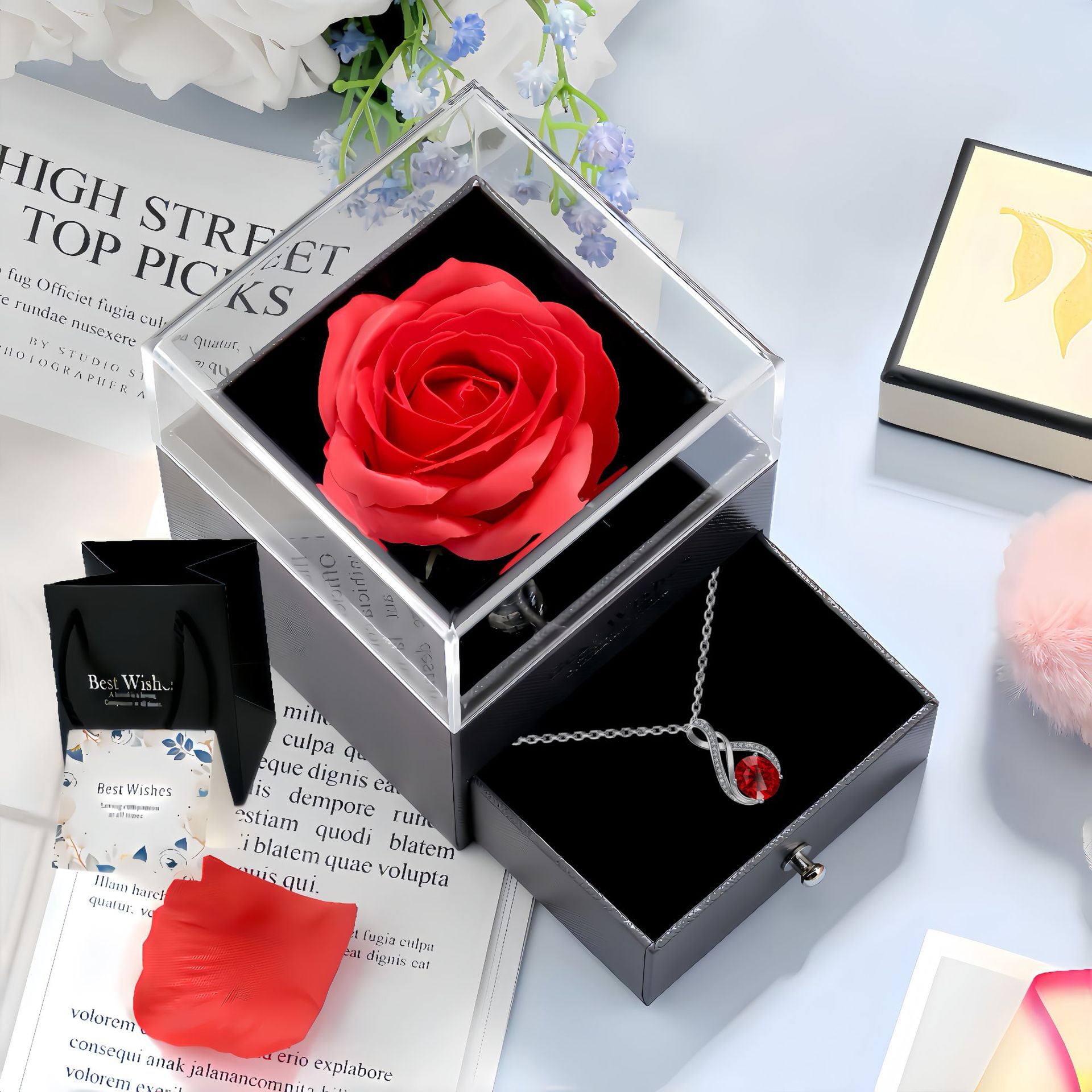 Top-keivon Preserved Rose Box with Crystal Heart Necklace -Real Red ...