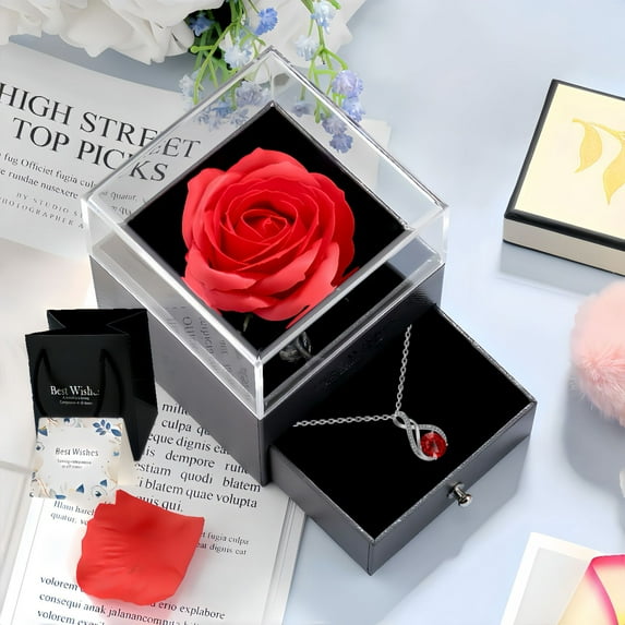 Top-keivon Preserved Rose Box with Crystal Heart Necklace -Real Red ...