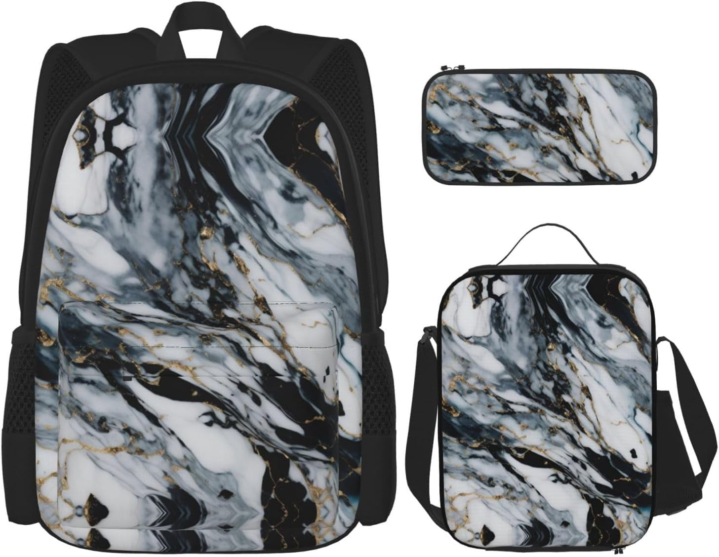 Top-kevin 3 In 1 Black Marble Large Capacity Backpack Set Backpack With ...